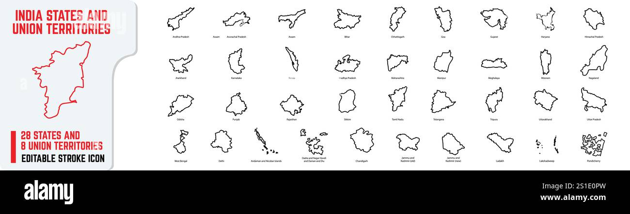 Editable stroke icons of the 28 states of India with Union Territories ...