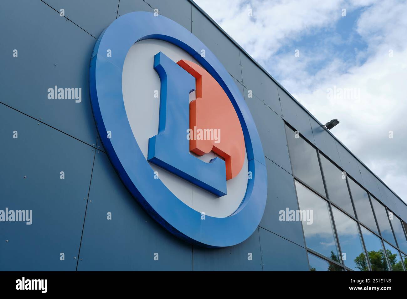 E.Leclerc logo on a hypermarket in Saint-Céré Lot France. A French ...