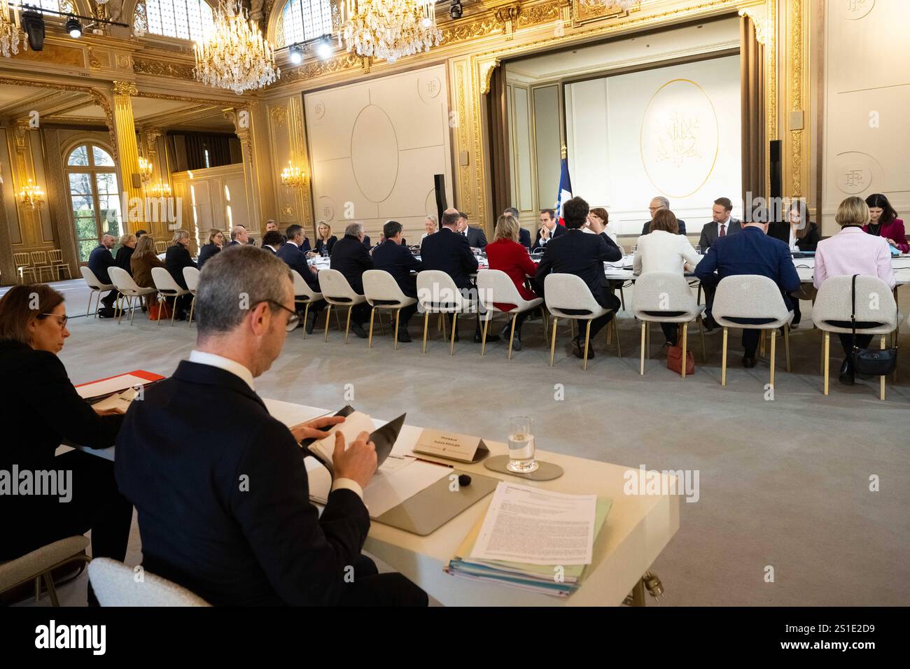 Paris, France. 03rd Jan, 2025. French President Emmanuel Macron chairs ...