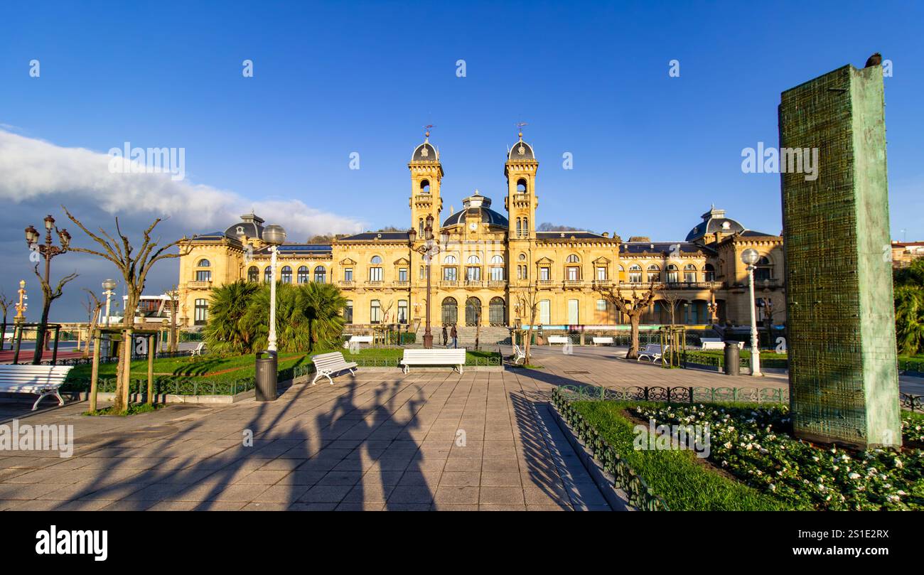 Historic City Hall building in San Sebastian, Spain, with a sunny plaza ...
