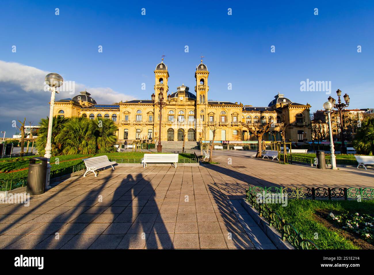 Historic City Hall building in San Sebastian, Spain, with a sunny plaza ...