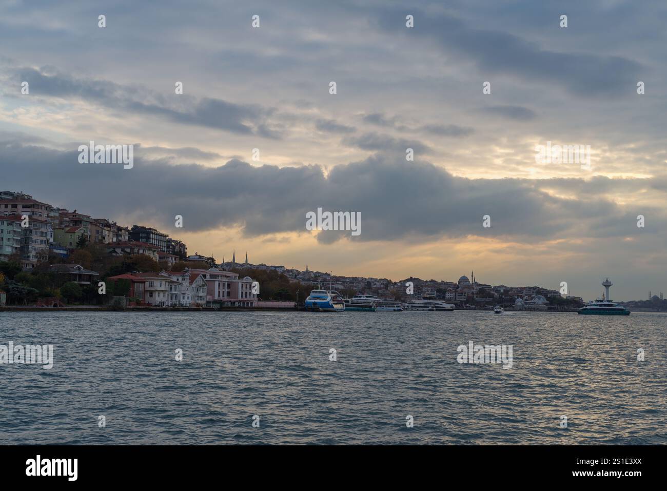 View of waterfront seaside houses on Bosphorus in Istanbul, Turkey ...