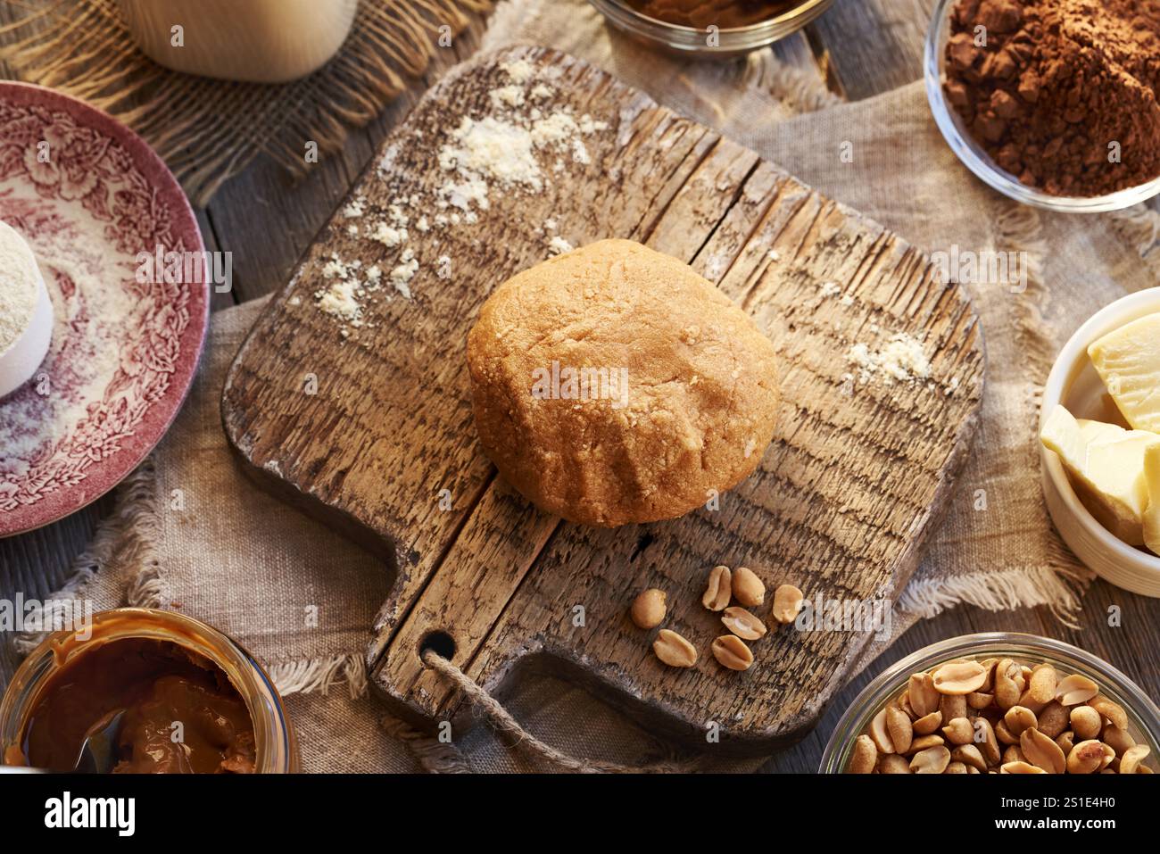 Dough made of whey protein powder, maple syrup and peanut butter ...