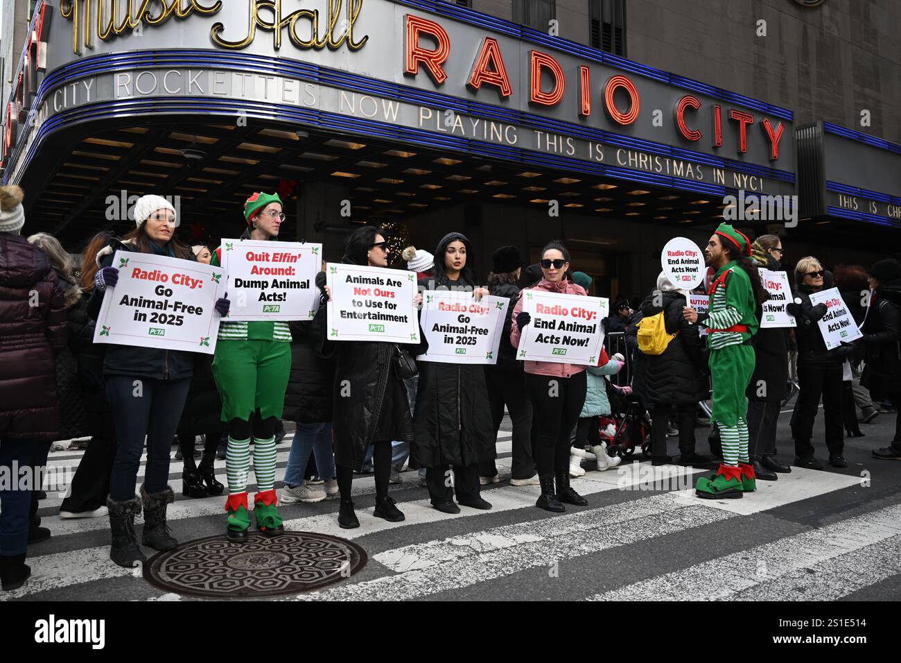 PETA activists protest outside Radio City Music Hall on January 2, 2025 ...