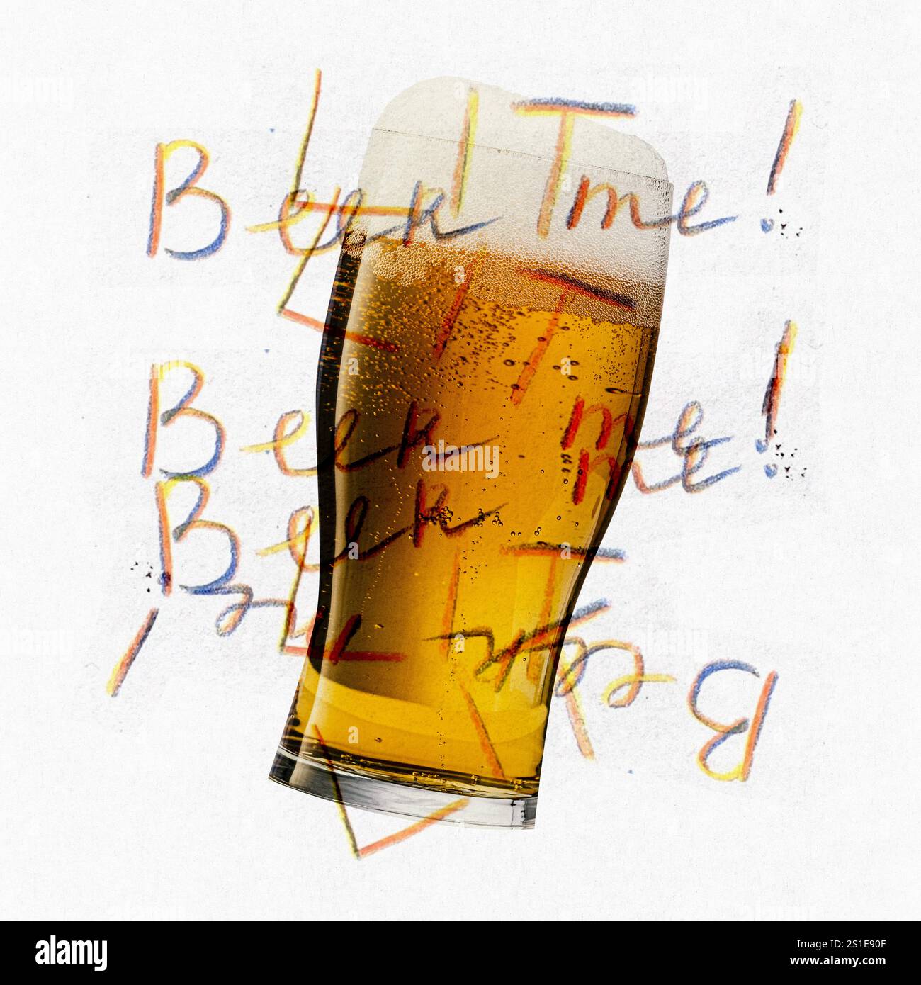 Contemporary art collage. Tall glass of beer with foamy top, surrounded ...