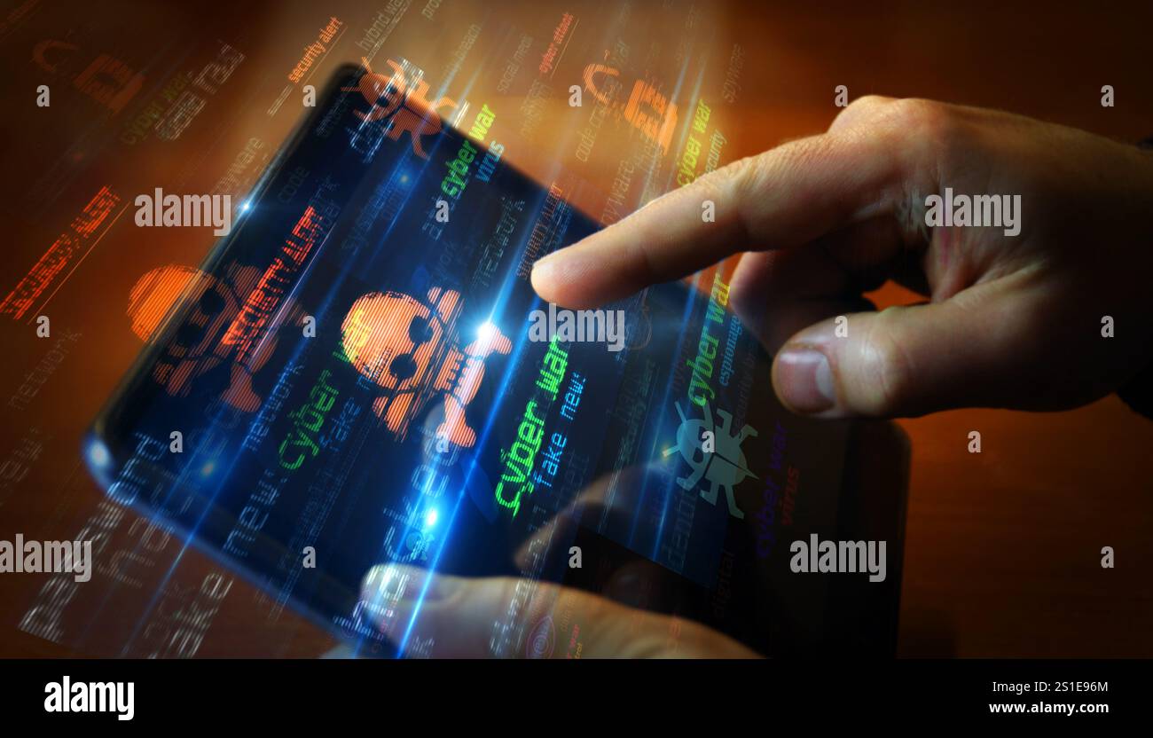 Cyber war and hybrid conflict symbol mobile technology concept ...