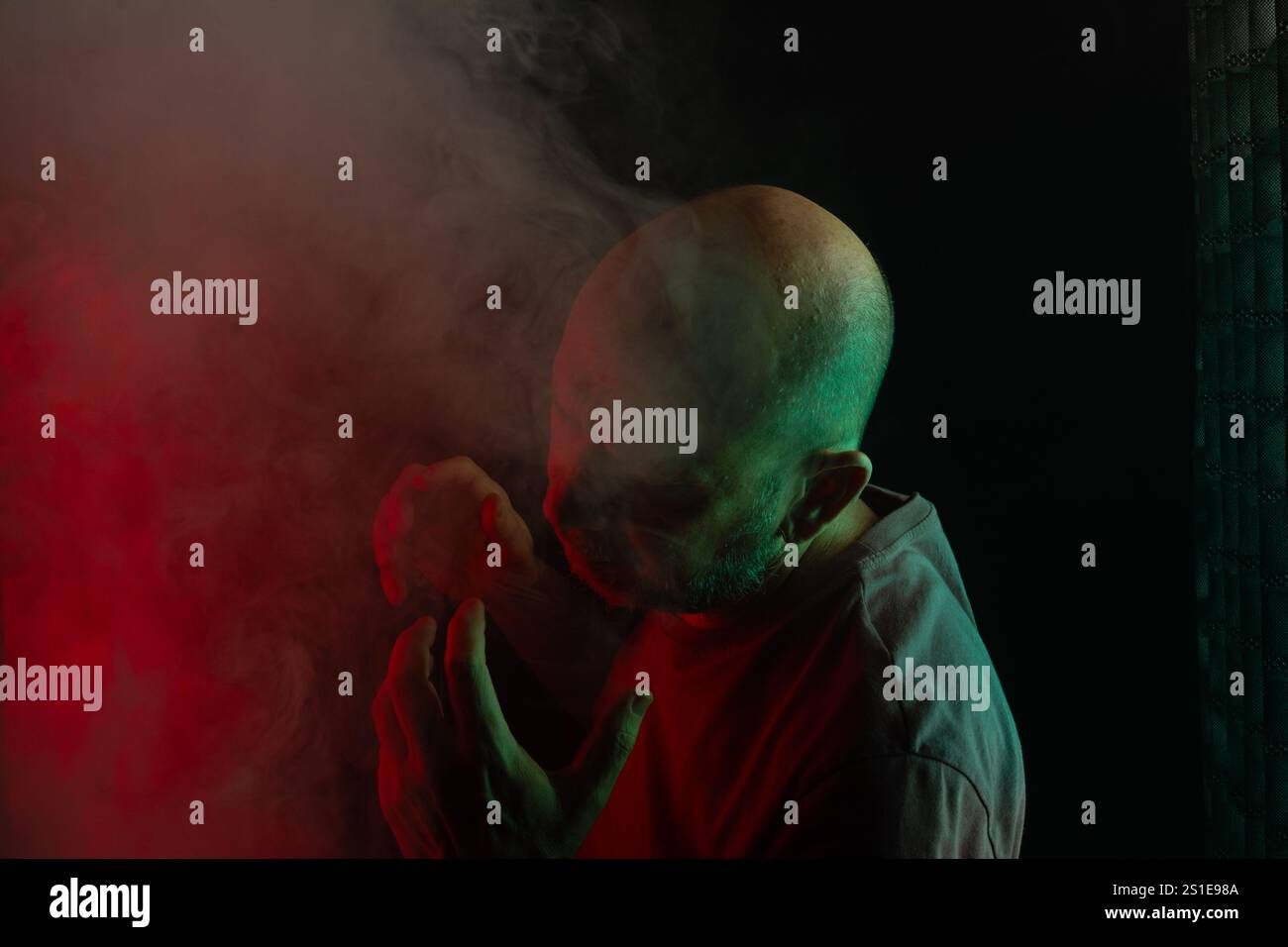 Bald and bearded man making despair gesture with hand. Isolated on ...