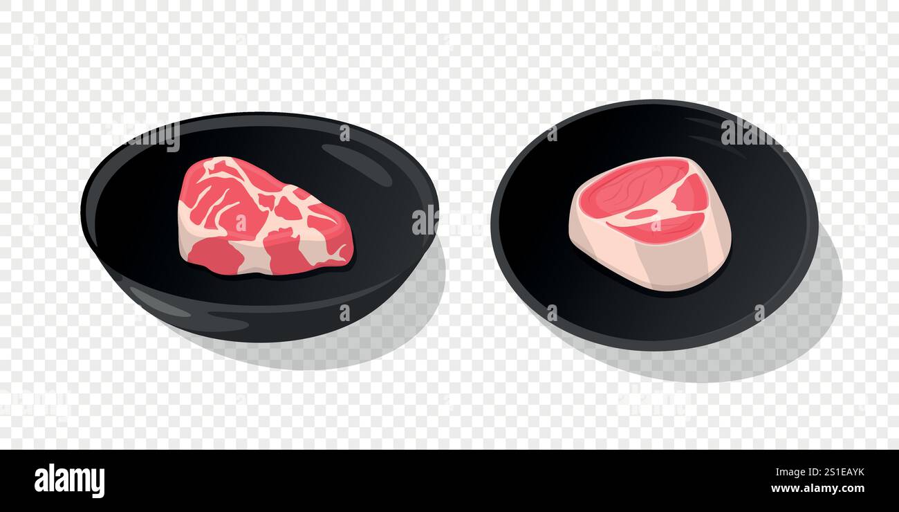 Vector Cartoon Plate Set with Meat. Bone-in Steak, Tender Marbled Steak ...