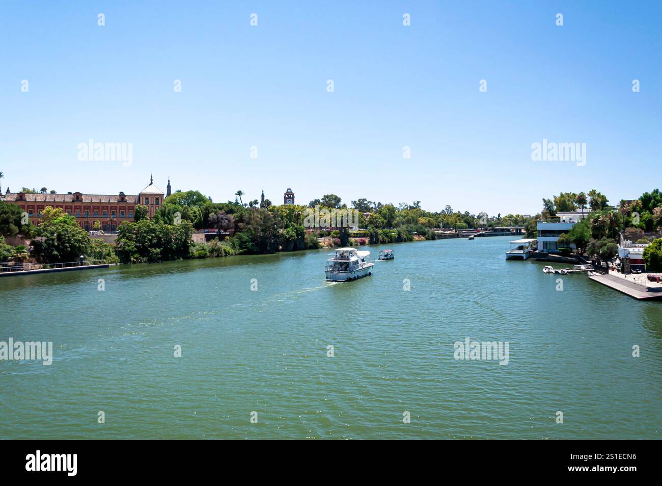 Waterfront of Sevilla with the Guadalquivir river in summer, wiew from ...