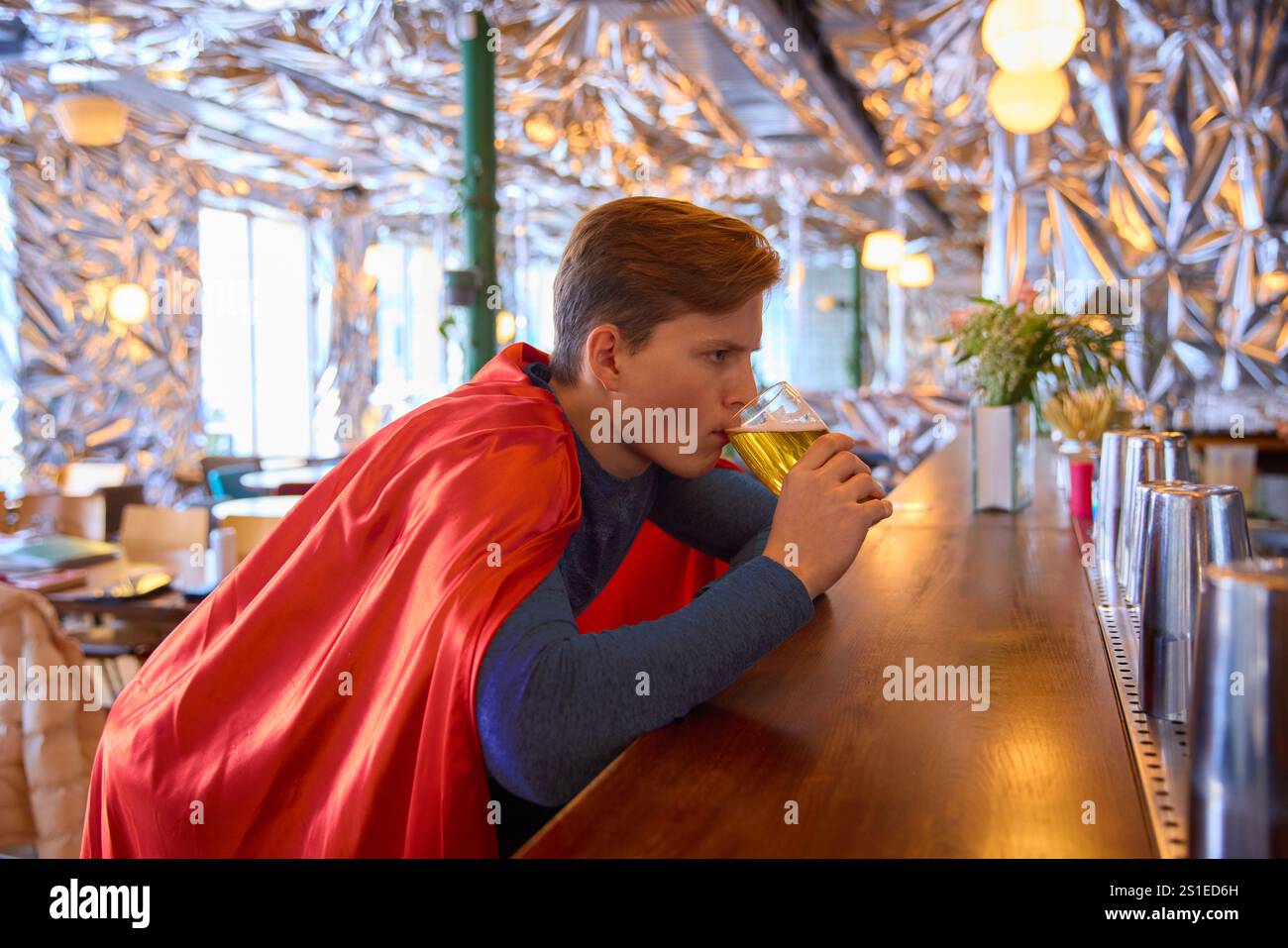 Hero at cafe bar sipping beer, leaning into calm moment, merging ...