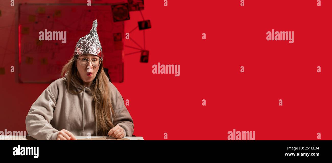 Conspiracy theory. Stupid crazy woman with shocked face making video ...