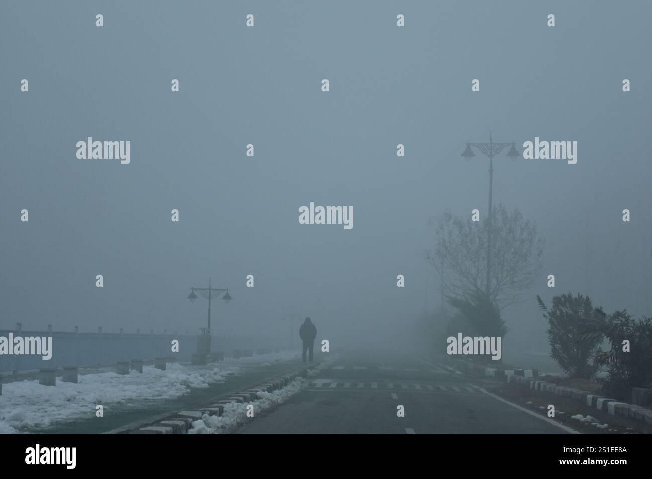 Srinagar, India. 3rd Jan, 2025. A man walks through the road during ...