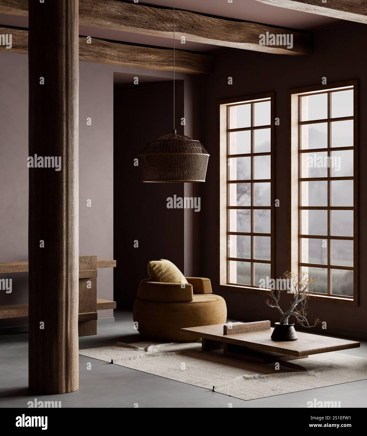 Japandi style interior design with wooden furnitures and raw materials ...