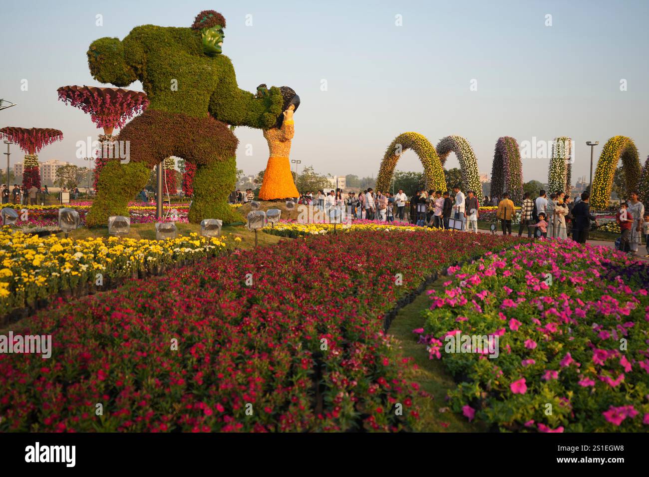 A sculpture of the Hulk made of flowers is on display at the Flower ...