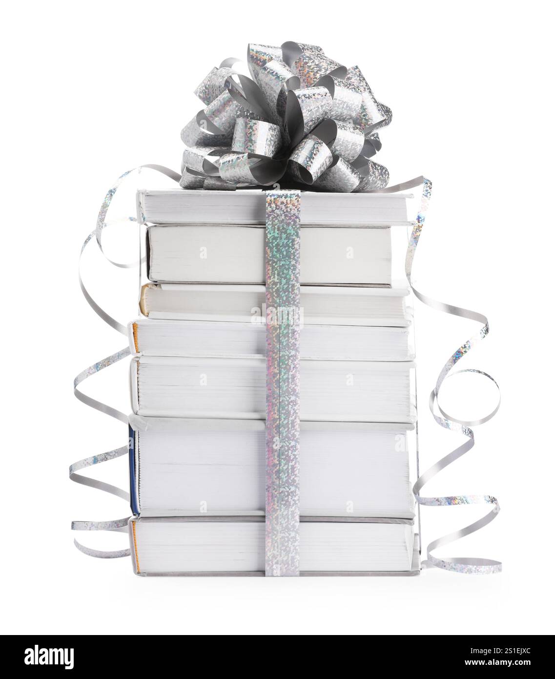 Stack of books with silver bow as gift isolated on white Stock Photo ...