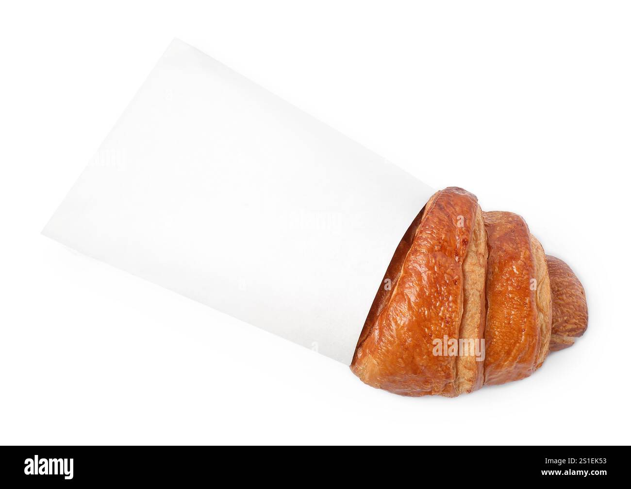 Paper bag with fresh croissant isolated on white, top view Stock Photo ...