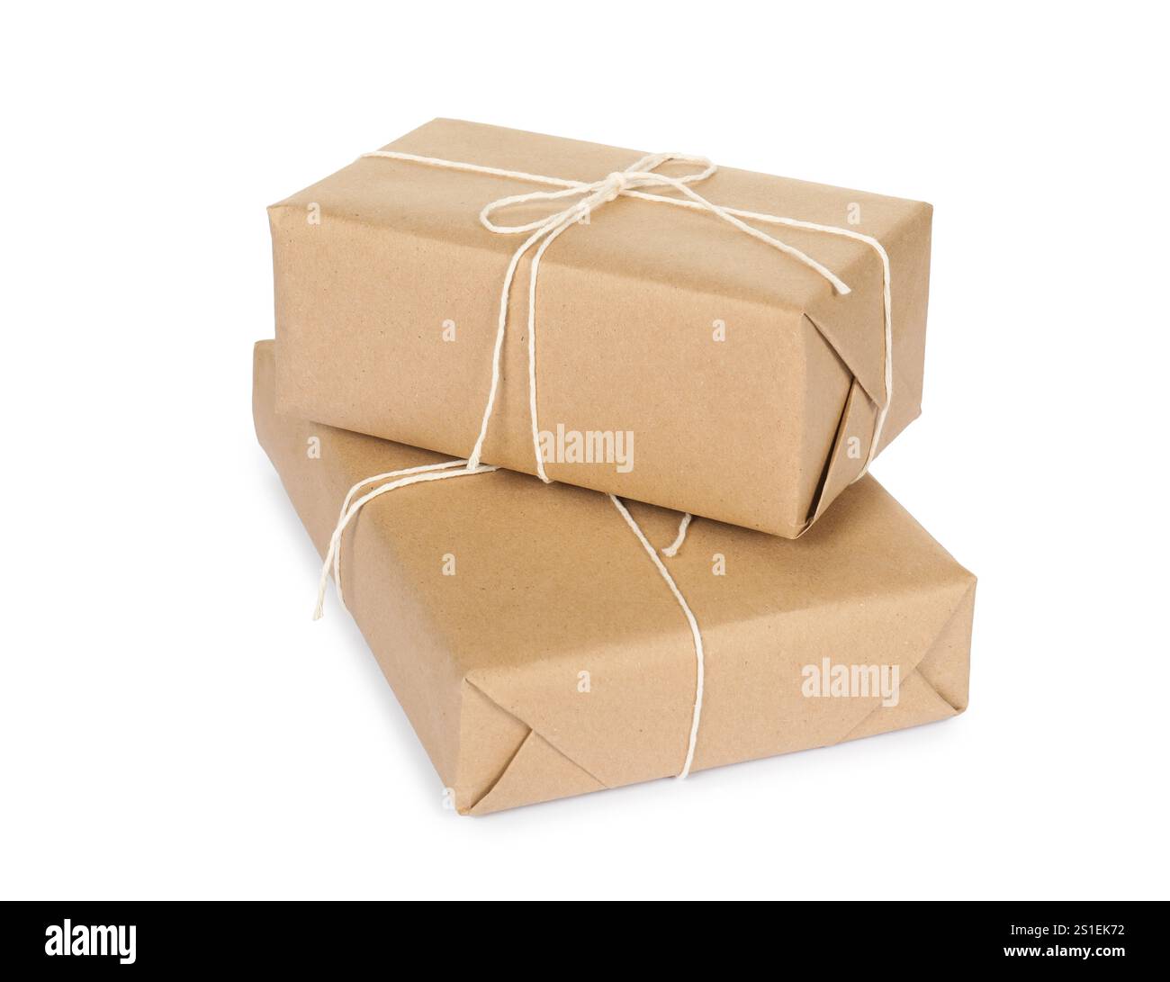 Two parcel boxes wrapped in paper isolated on white Stock Photo - Alamy