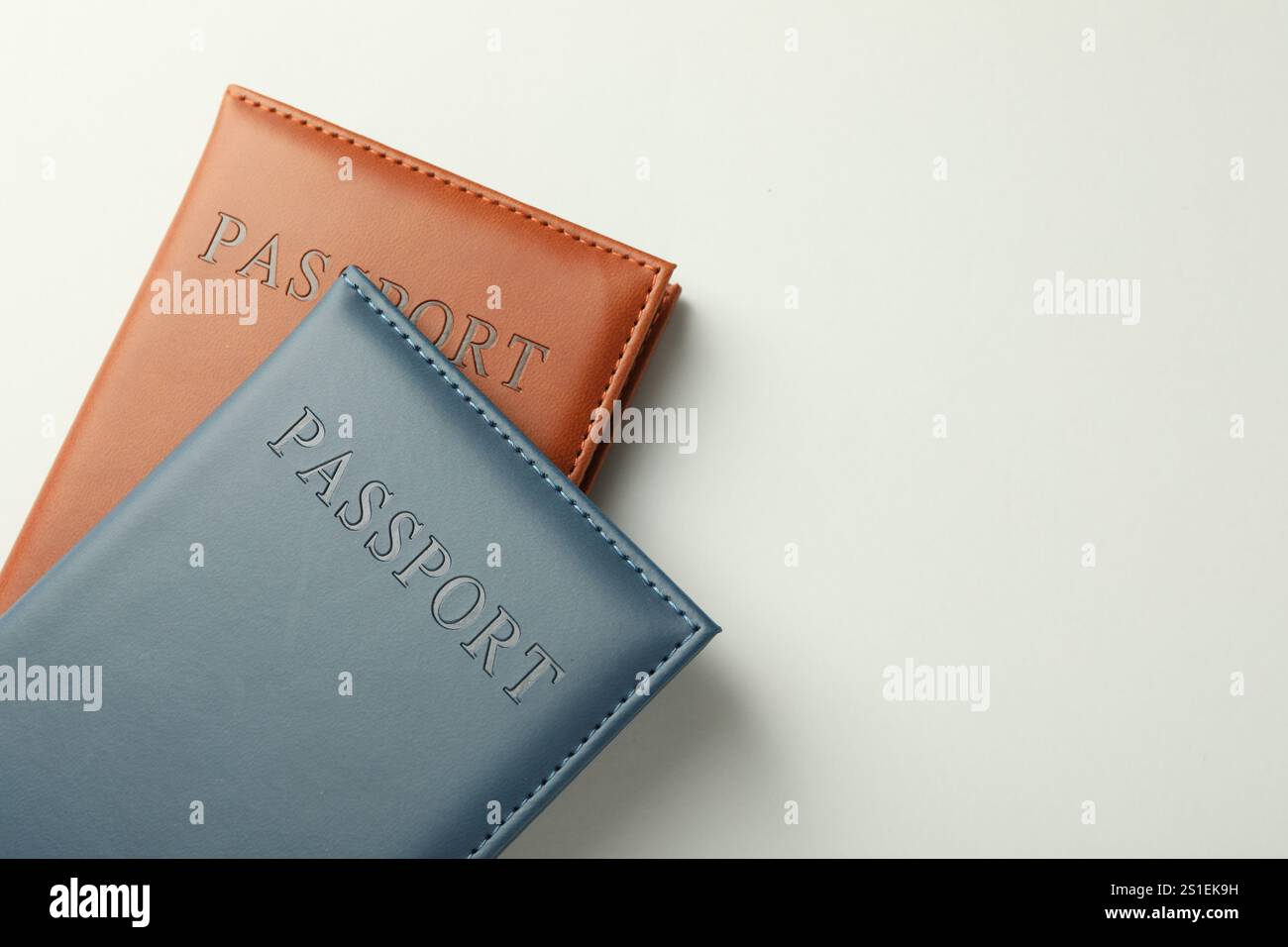 Passports in color covers on light background, top view. Space for text ...