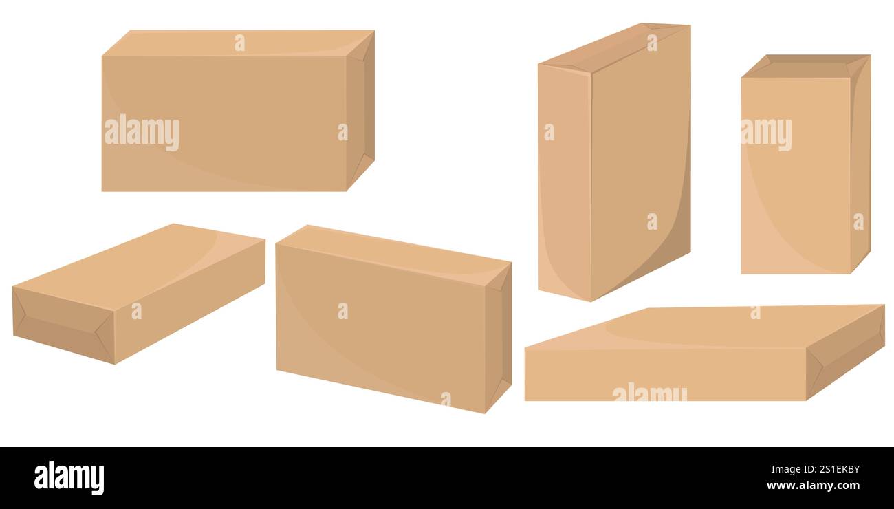 Detailed vector illustrations of cardboard boxes, showing realistic front and side views of ...