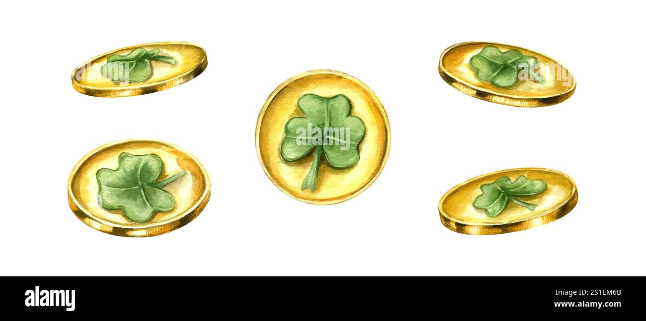 Patrick day golden coins with green clover leaf watercolor hand painted ...