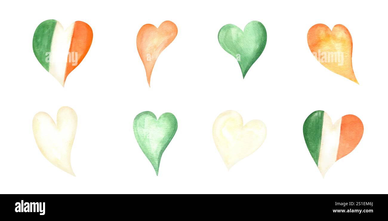 Watercolor hearts in the national Irish flag colors illustration set ...