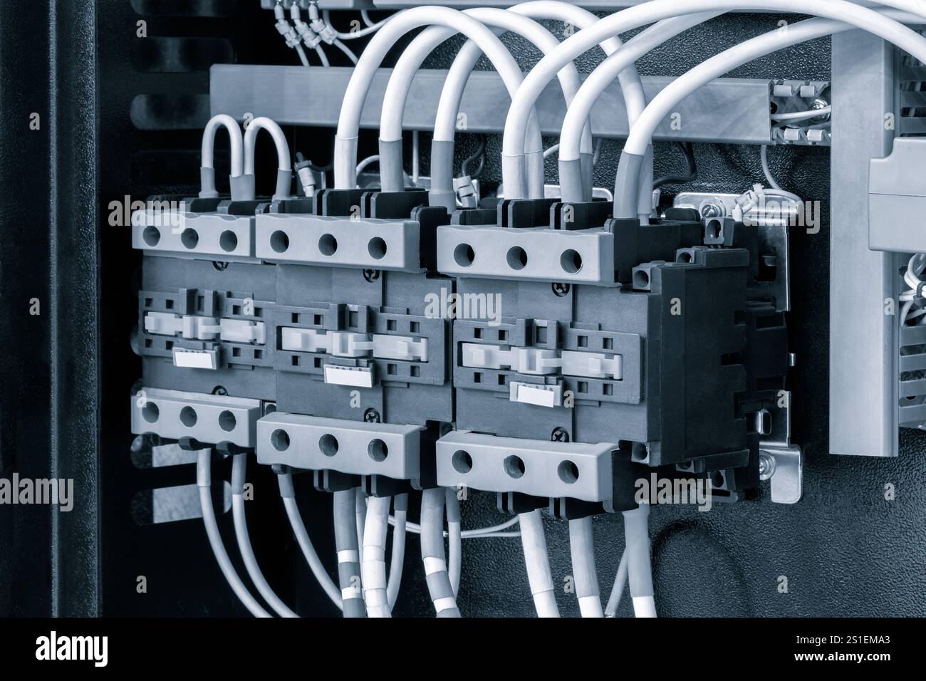 Electrical panel with many wires, electrical parts, automatic switches ...