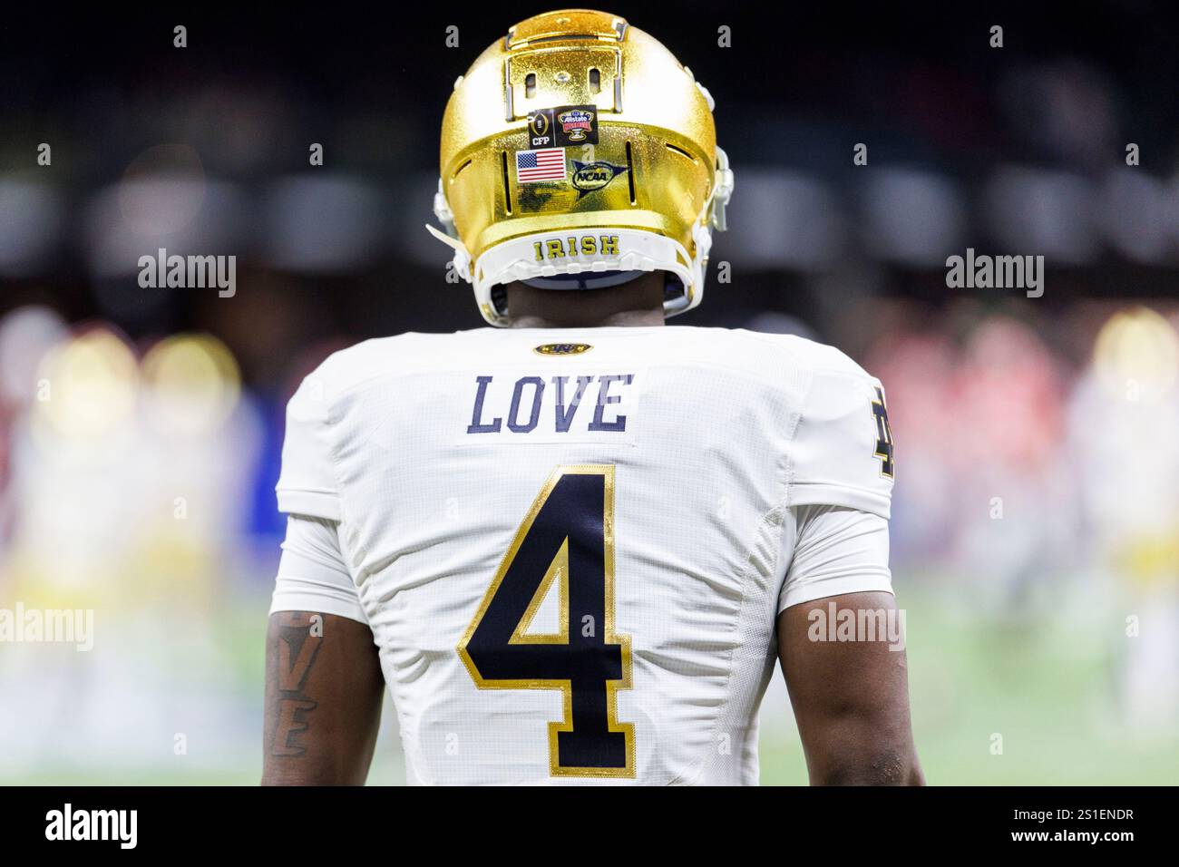 January 02, 2025: Notre Dame running back Jeremiyah Love (4) during pregame of NCAA football ...