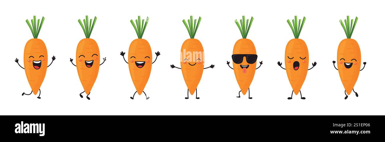 Flat Vector Cartoon Cute and Funny Carrot Character. Dancing, Smiling ...