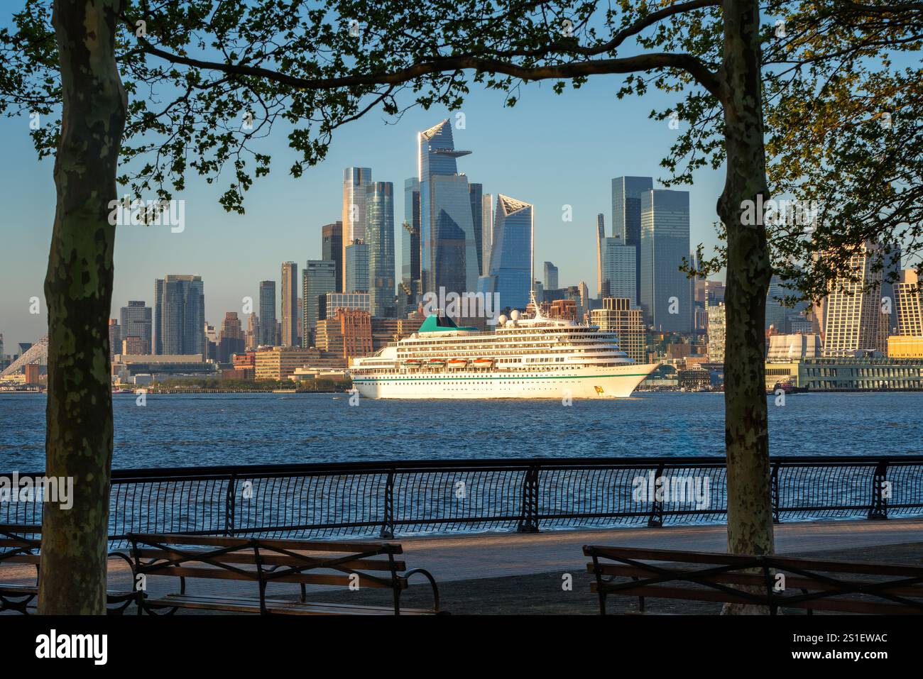 New York City skyline with Hudson Yards skyscrapers and passing cruise ...