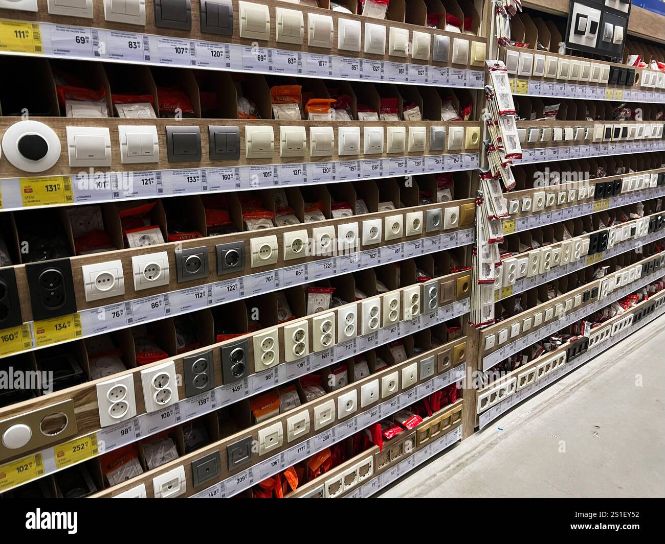 Kyiv, Ukraine - January 03, 2025: A wide variety of electrical outlets ...