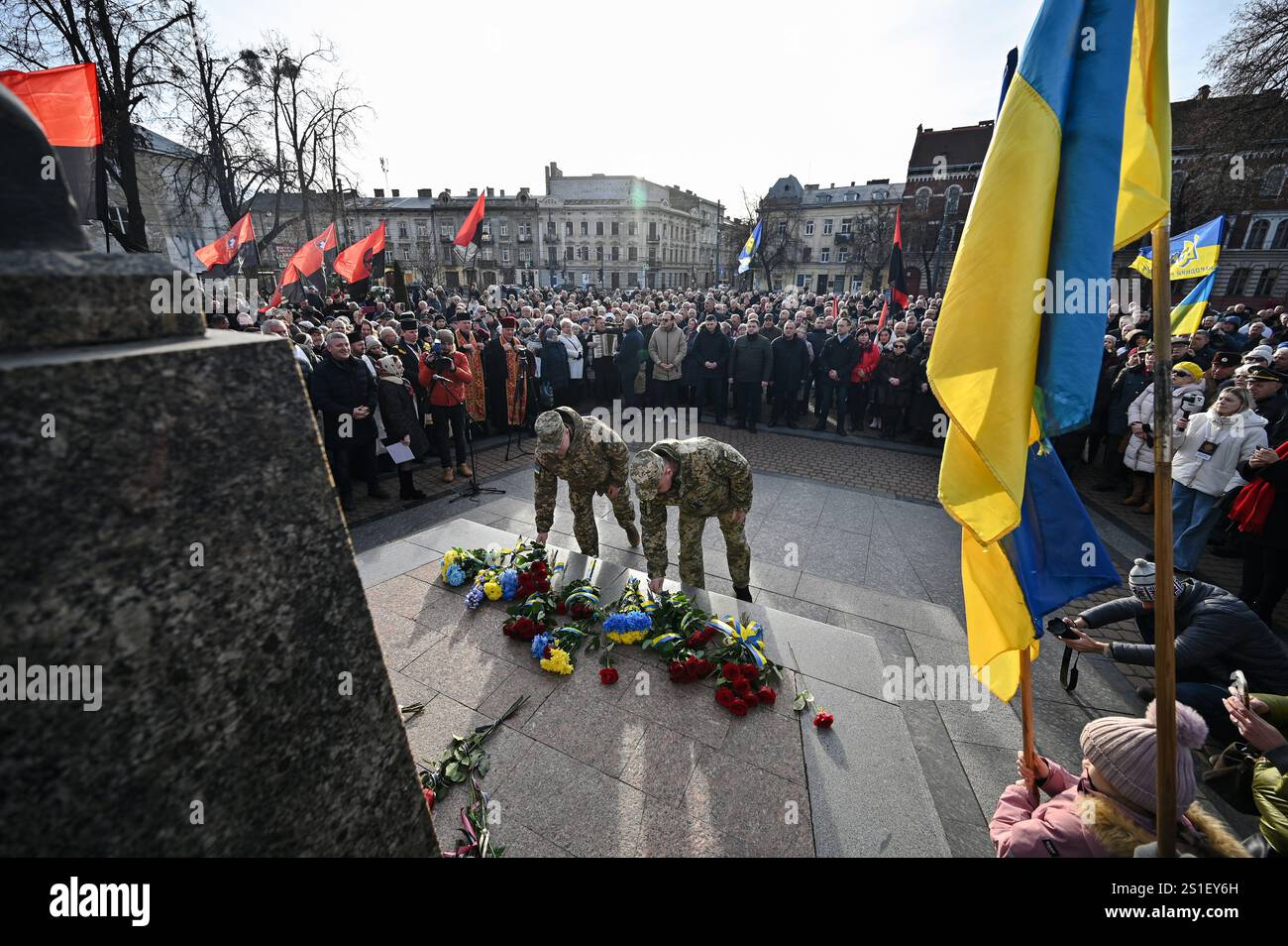 LVIV, UKRAINE - JANUARY 1, 2025 - Servicemen lay flowers at the ...