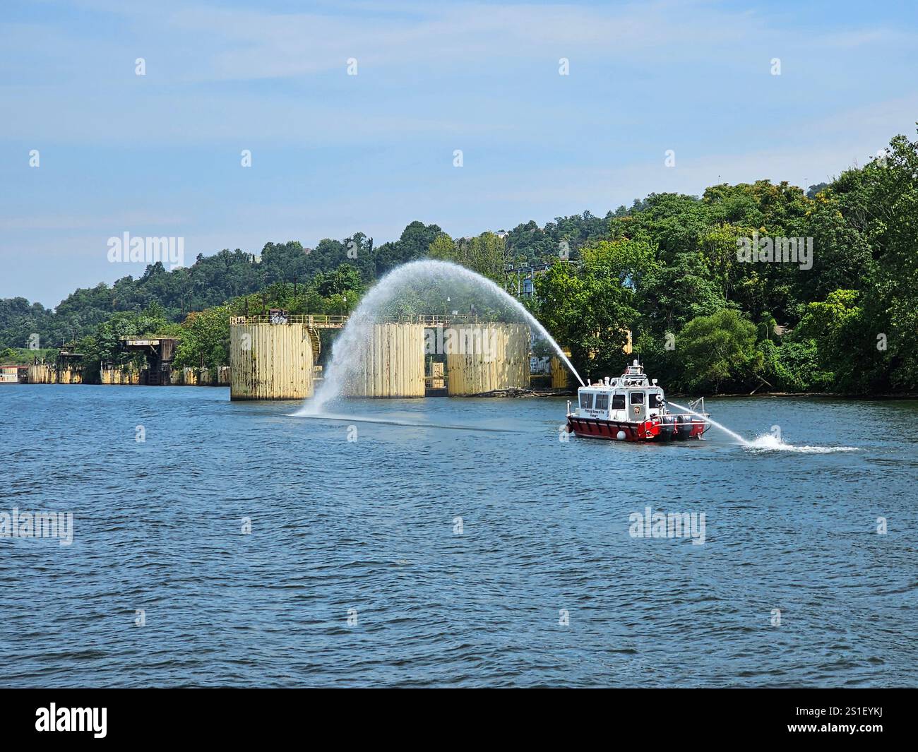 The Pittsburgh Fireboat tests water pumps on the Monongahela River ...