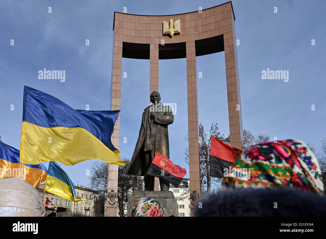 LVIV, UKRAINE - JANUARY 1, 2025 - The monument to Stepan Bandera is ...