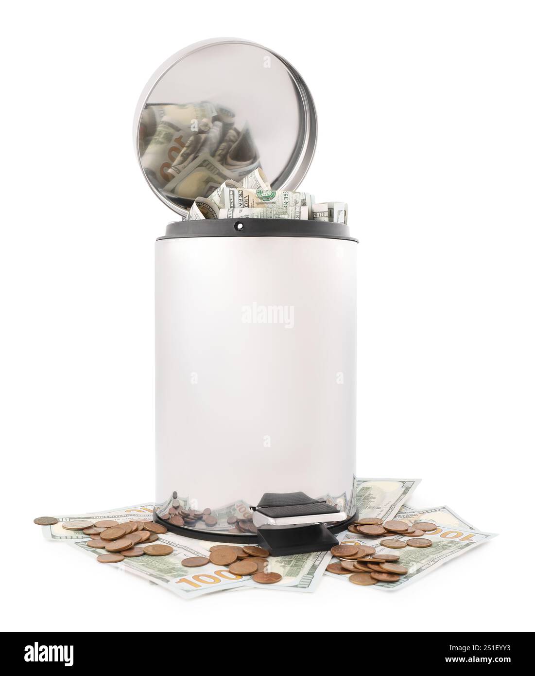 Dollar banknotes in trash bin and coins on white background Stock Photo ...