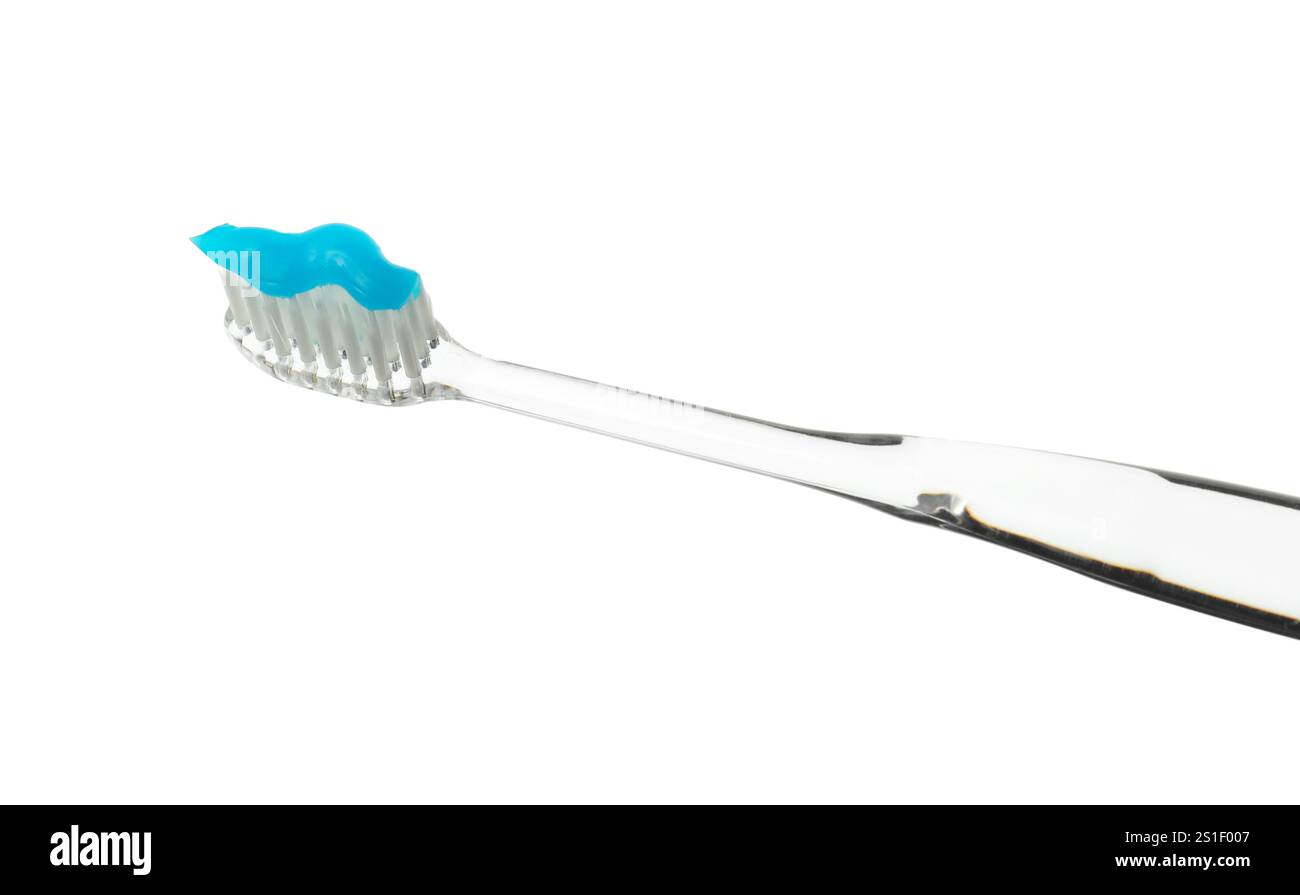 One toothbrush with toothpaste in air isolated on white Stock Photo - Alamy