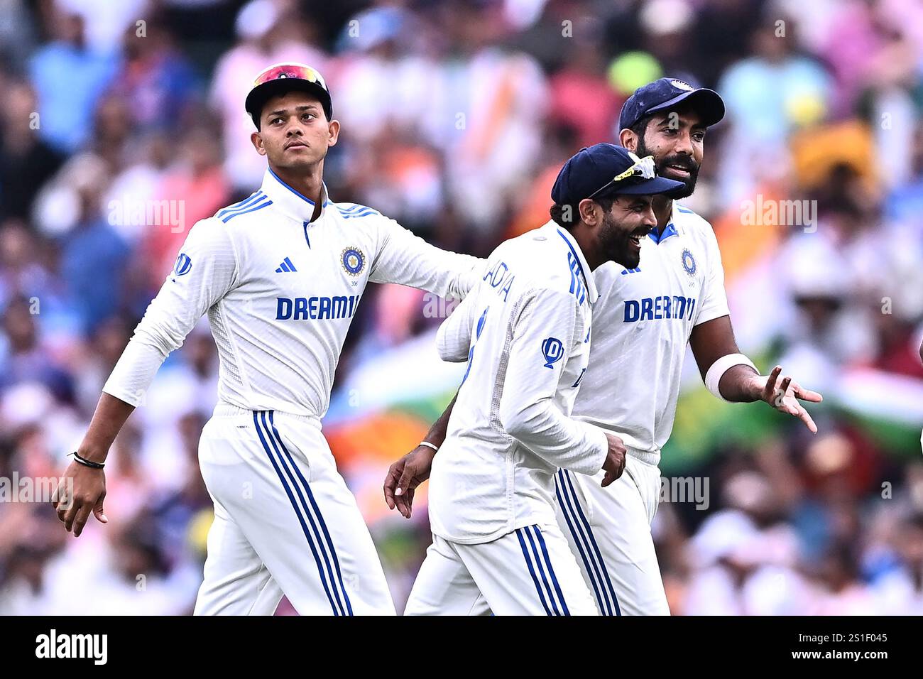 Yashasvi Jaiswal, Ravindra Jadeja and Jasprit Bumrah of India seen during day one of the Fifth ...