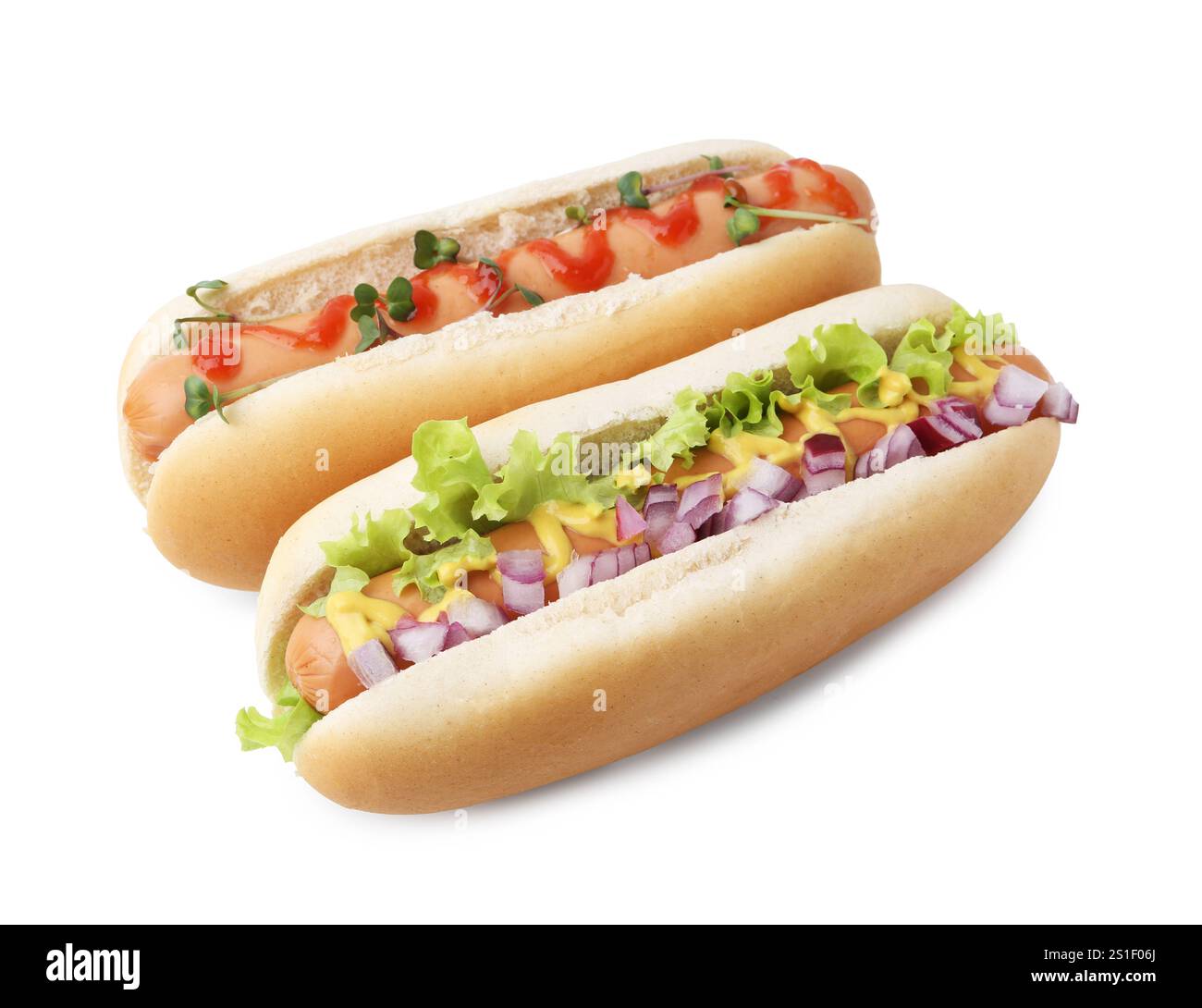 Two tasty hot dogs isolated on white Stock Photo - Alamy
