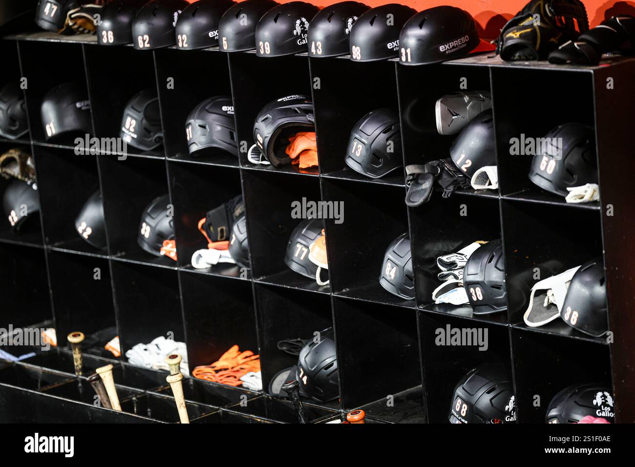 HERMOSILLO, MEXICO - OCTOBER 31: Detail of baseball helmets and ...