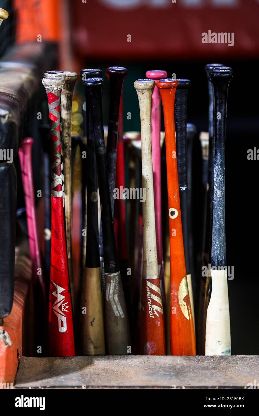 HERMOSILLO, MEXICO - OCTOBER 31: Detail of baseball bats in the ...