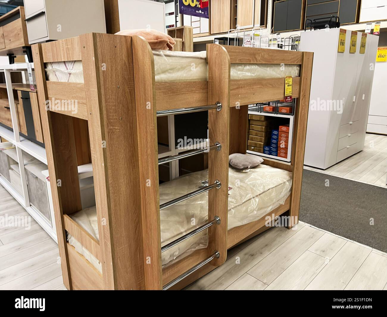 Kyiv, Ukraine - January 03, 2025: A sturdy wooden bunk bed with a ...