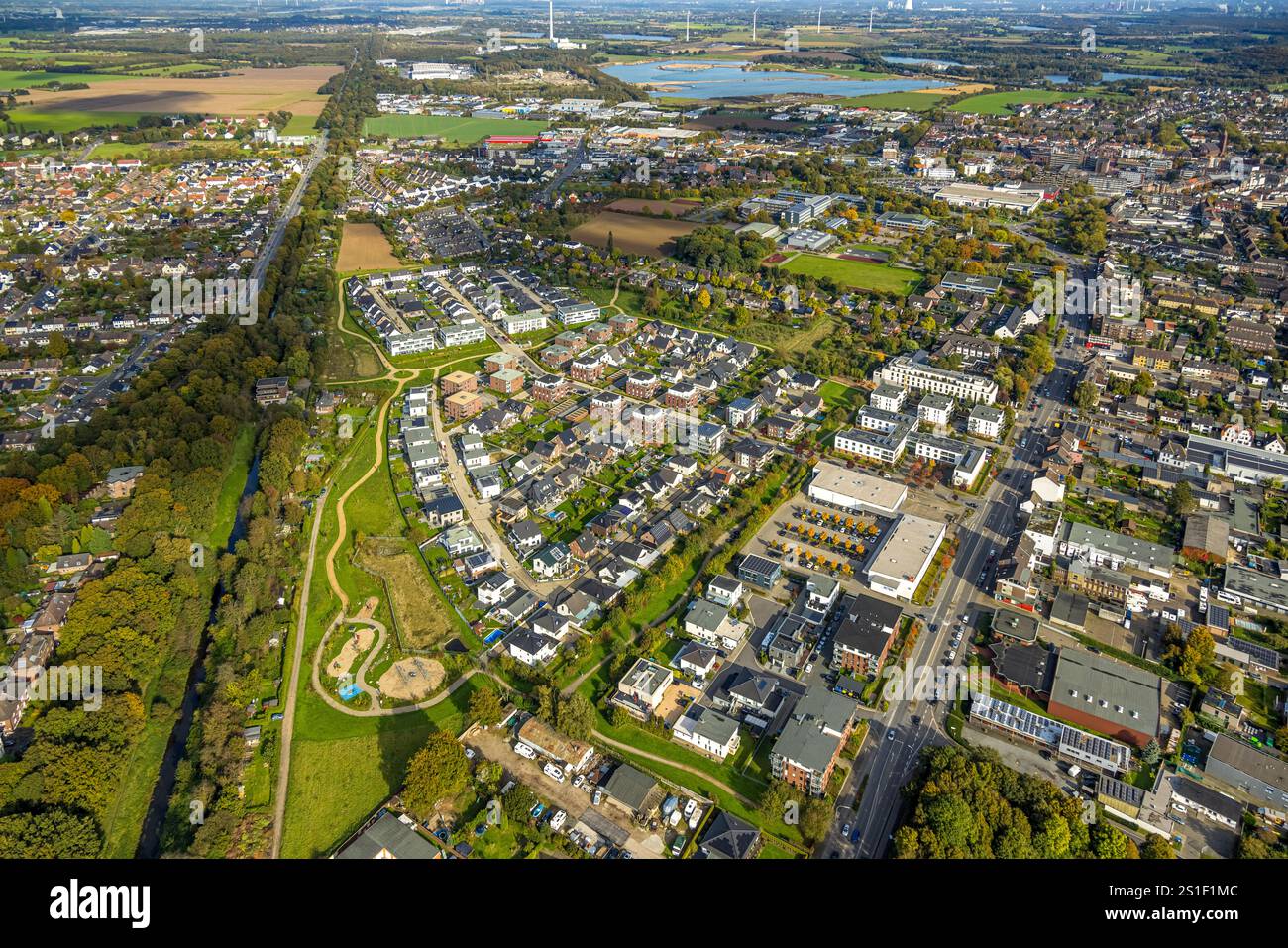 Aerial view, new development area at the Fossa, housing estate and park ...
