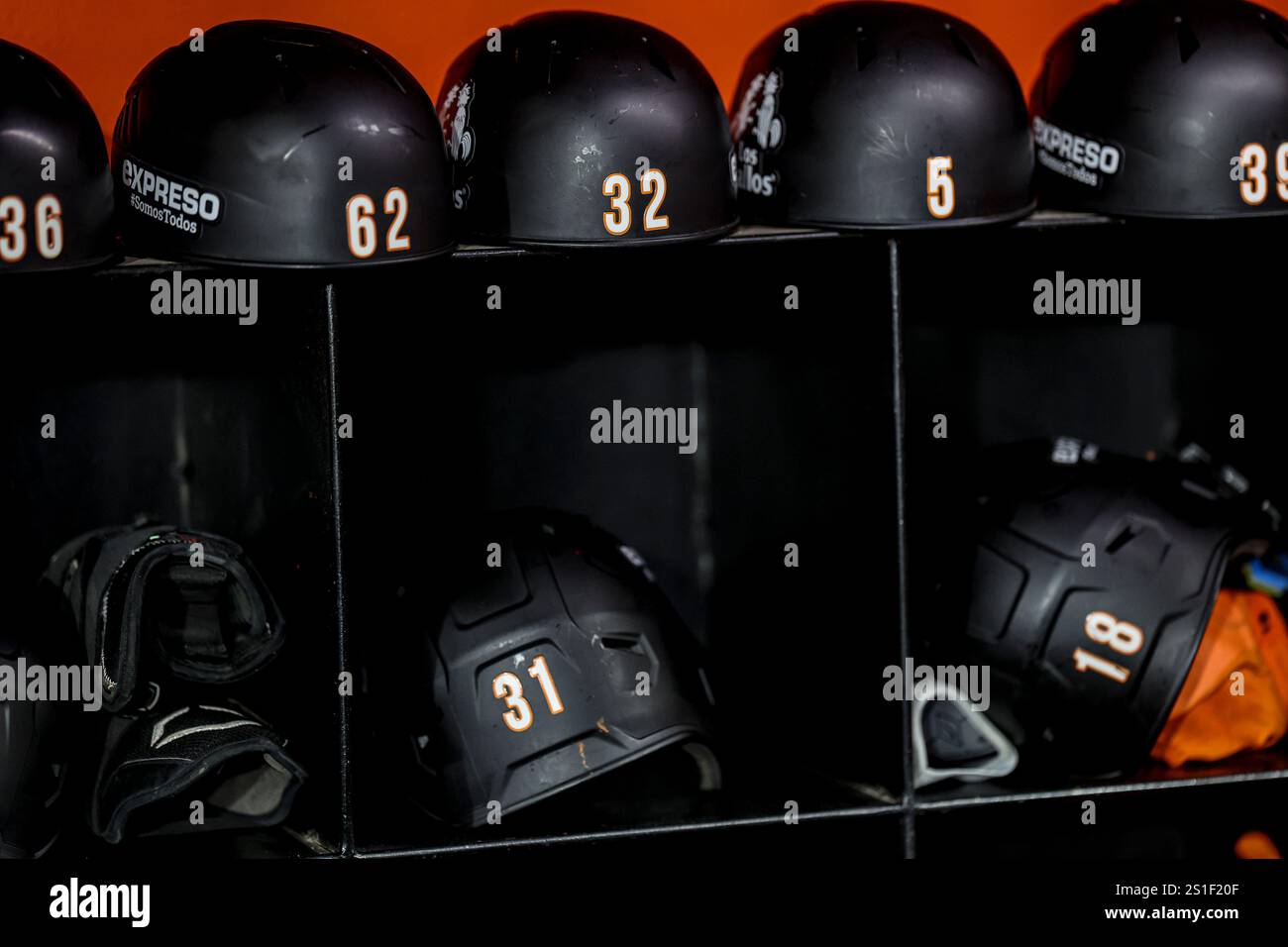 36, 62, 32, 5, 31 , 18 Detail of the baseball helmets of the Naranjeros ...