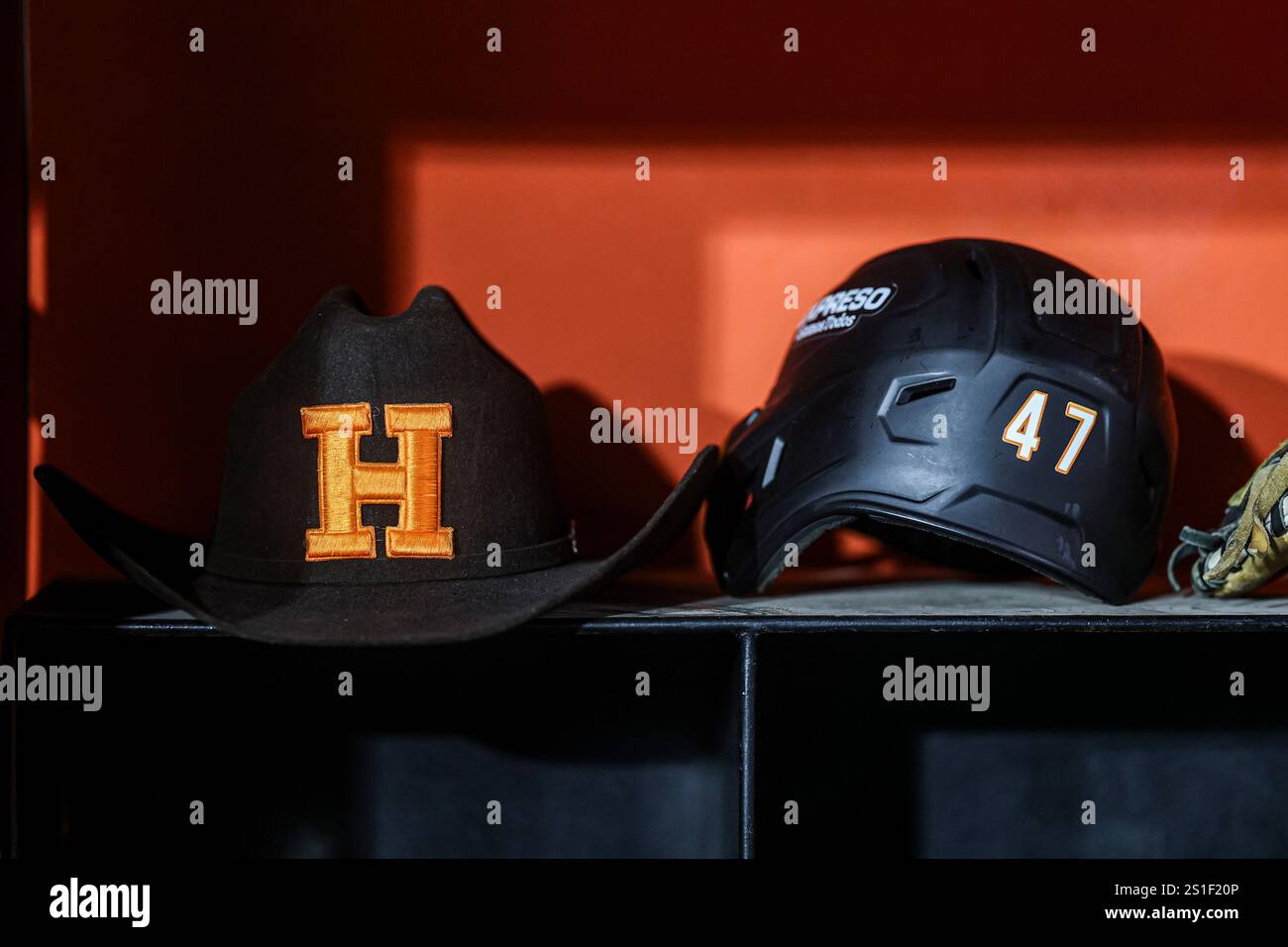 H hat , 47, Detail of the baseball helmets of the Naranjeros de ...