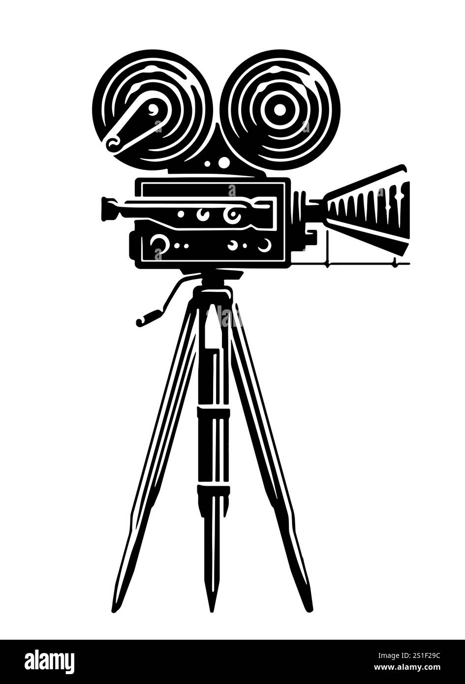 Retro movie camera on tripod. Cinema, shooting video concept. Black vector illustration on white ...