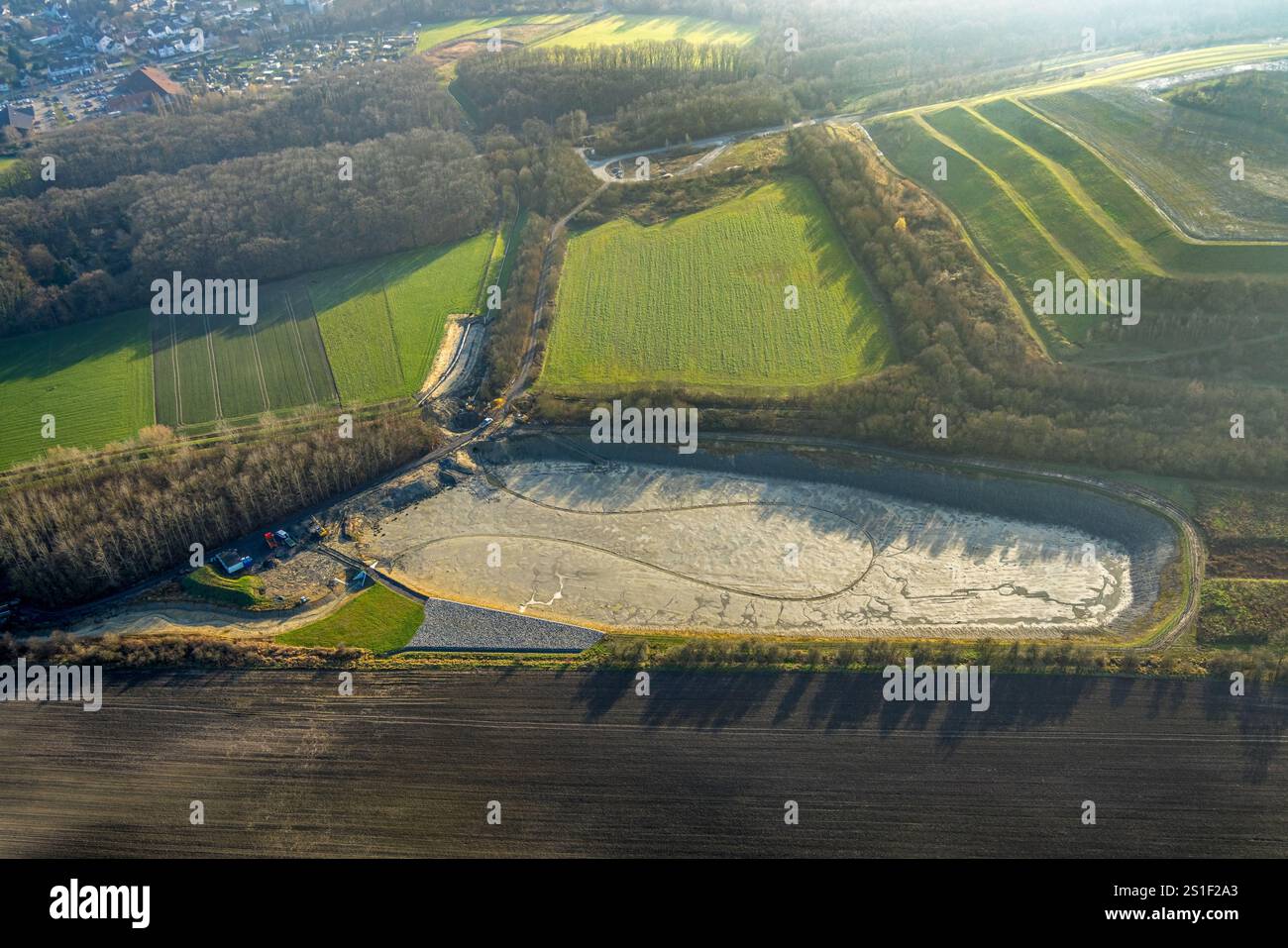 Aerial view, construction work on the flood retention basin near the ...