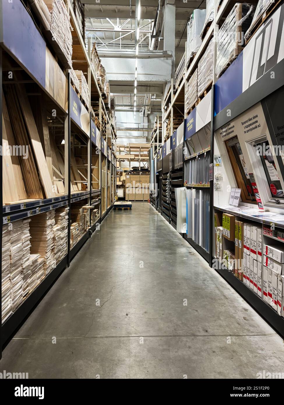 Kyiv, Ukraine - January 03, 2025: A long aisle in a hardware store ...