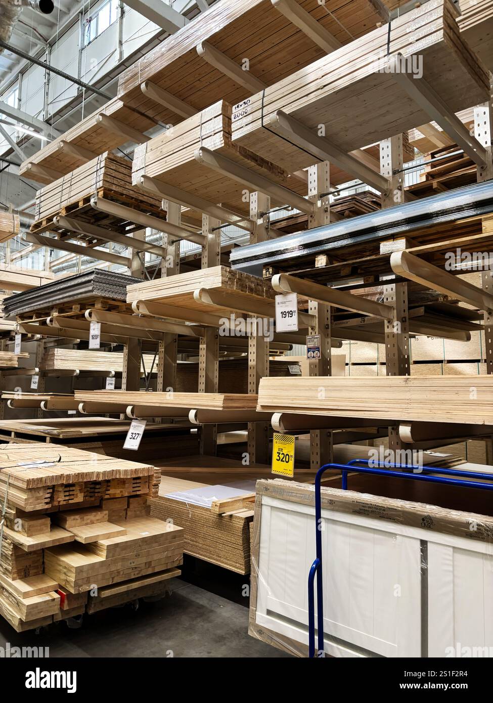 Kyiv, Ukraine - January 03, 2025: Lumber and materials neatly organized ...