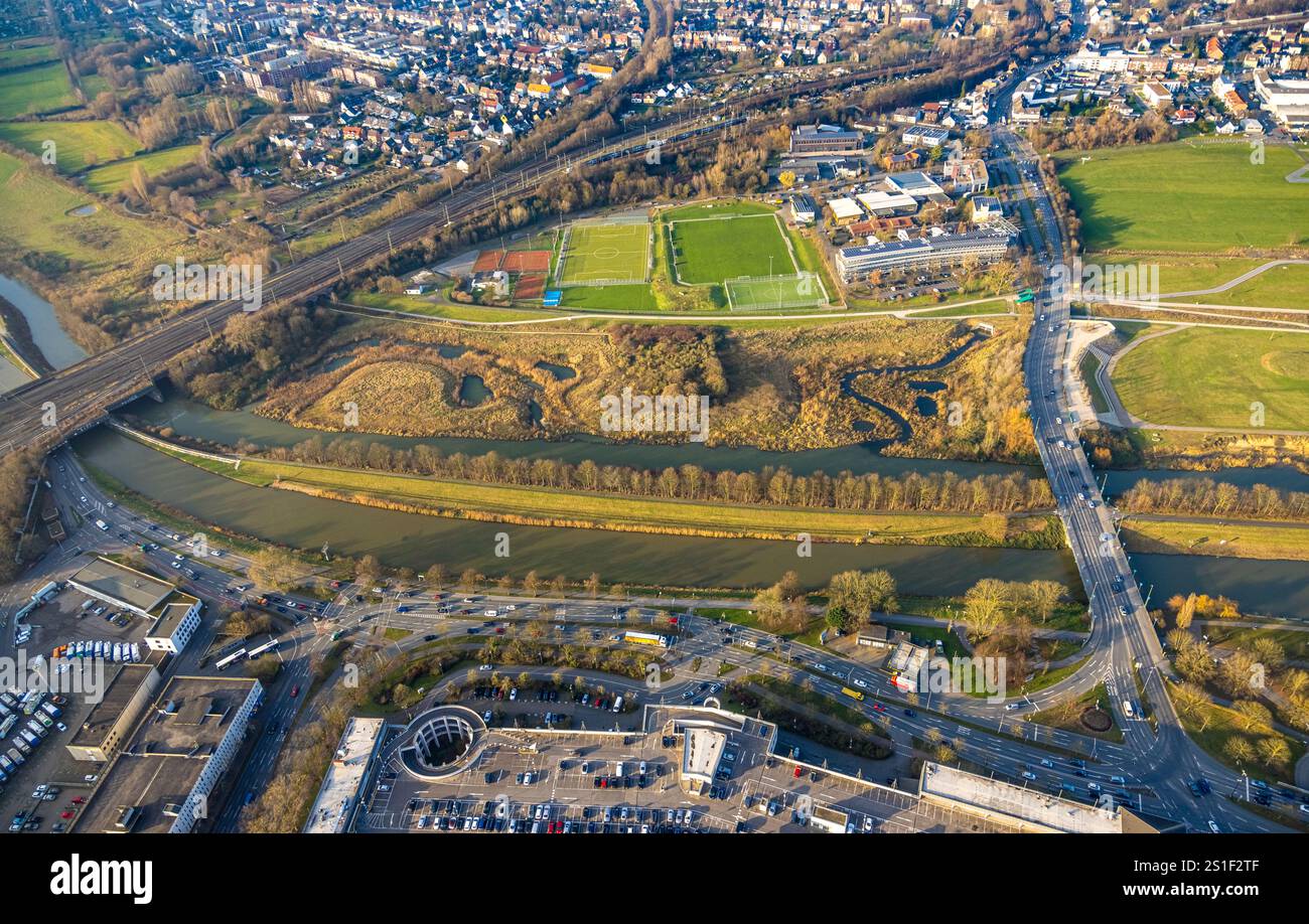 Aerial view, soccer stadium sports facility at the industrial park HAMTEC, river Lippe and ...