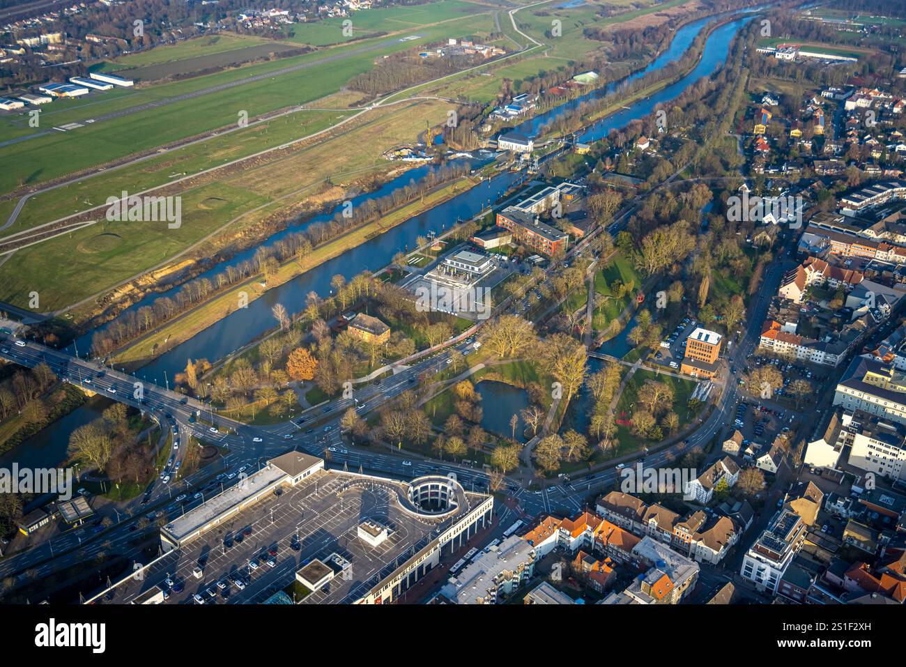 Aerial view, Gymnasium Hammonense and water sports center, river Lippe and Datteln-Hamm canal ...