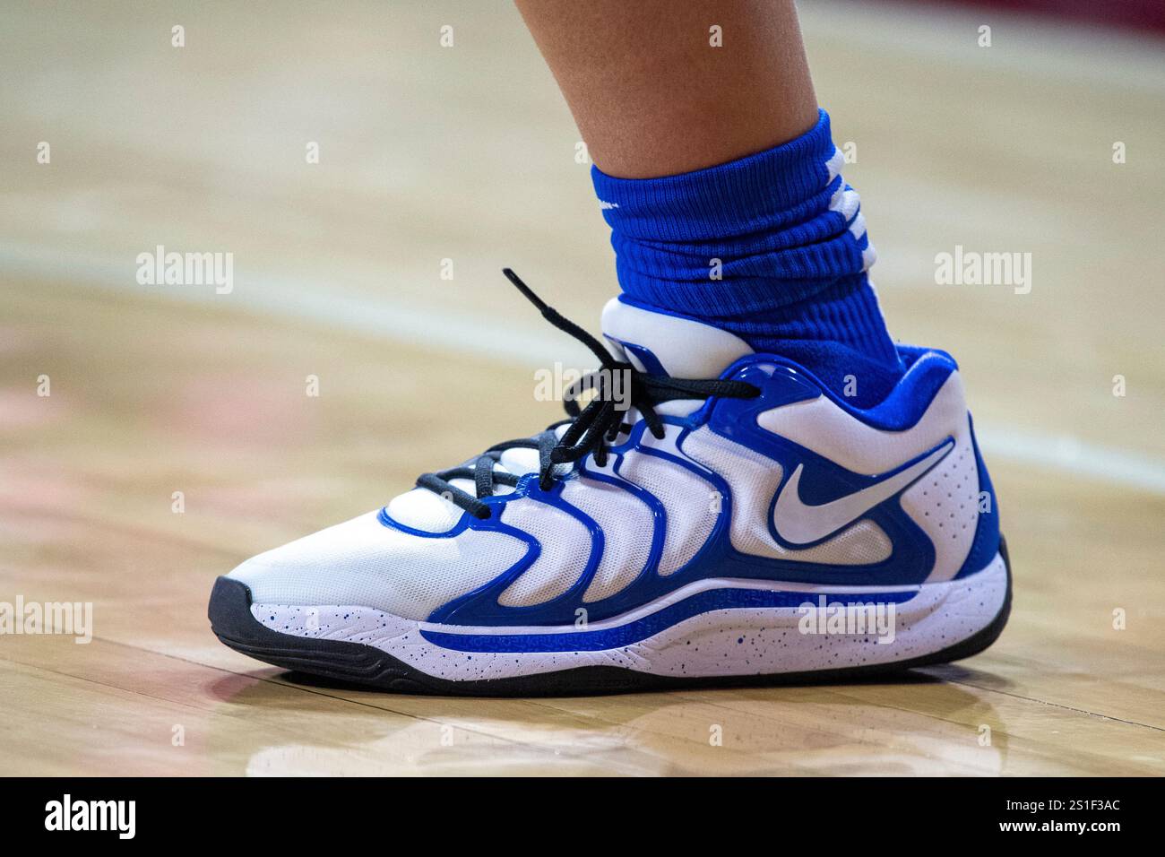 CHESTNUT HILL, MA - JANUARY 02: A detail view of blue Nike shoes worn ...